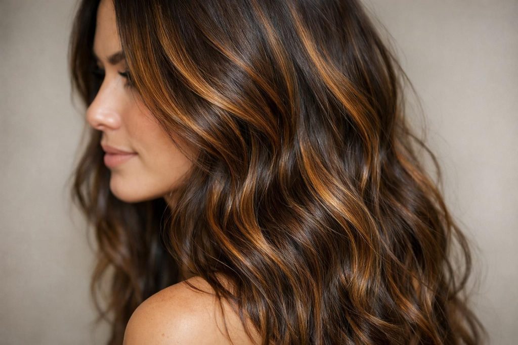 Mèches caramel et miel sur cheveux châtain foncé : idées et rendus ...